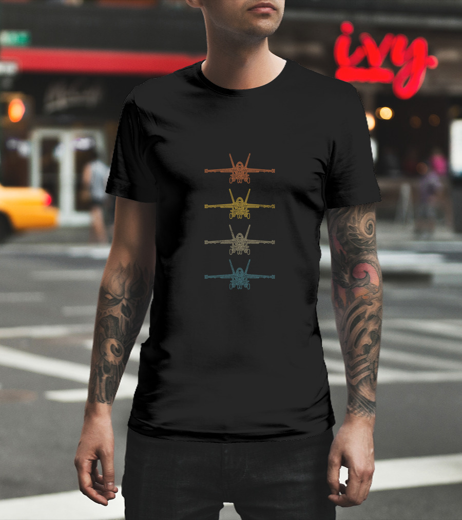 Retro F18 Hornet Schematic Vintage Fighter Jet Lover Multi-Color T-Shirt