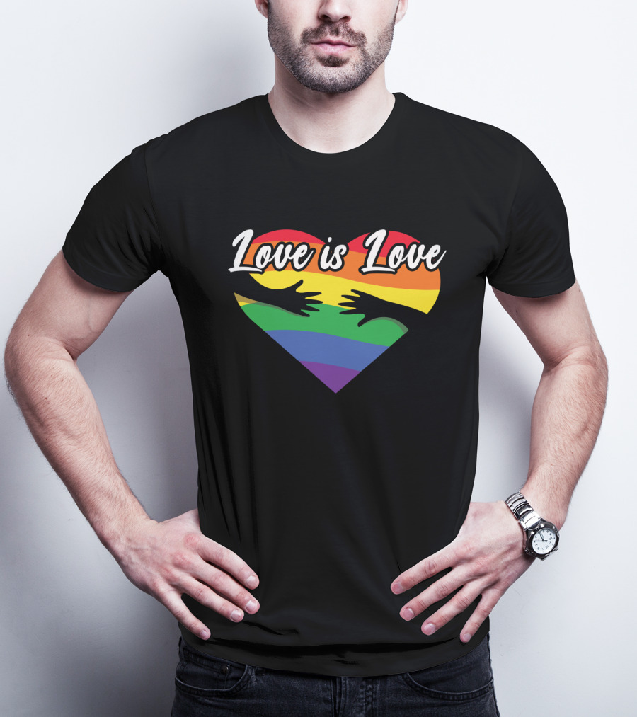 Love Is Love Heart With Hands And Rainbow Flag T-Shirt