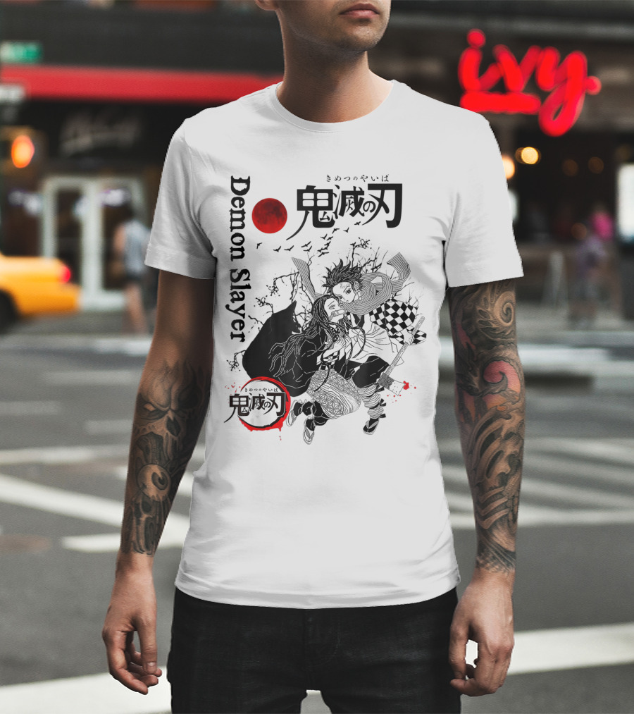 Demon Slayer Black And White Arts Anime With Red Moon T-Shirt