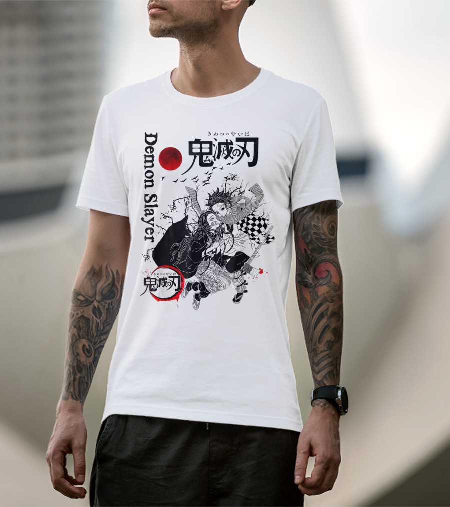 Demon Slayer Black And White Arts Anime With Red Moon T-Shirt