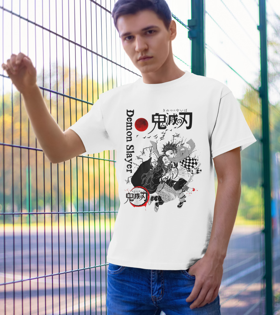 Demon Slayer Black And White Arts Anime With Red Moon T-Shirt
