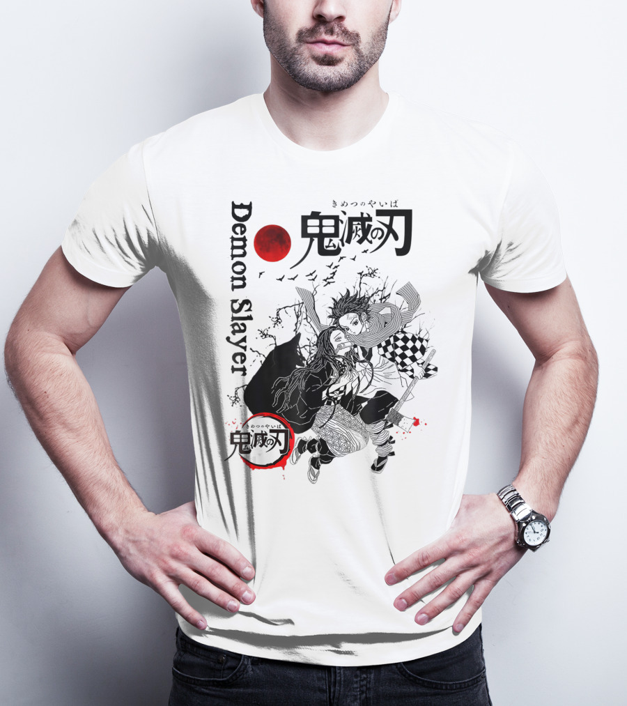 Demon Slayer Black And White Arts Anime With Red Moon T-Shirt