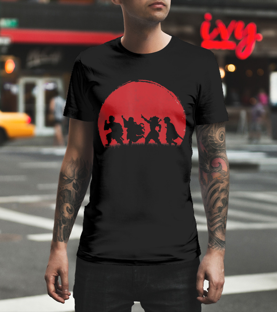 Cute Anime Demon Slayers Silhouette Against Blood Moon T-Shirt