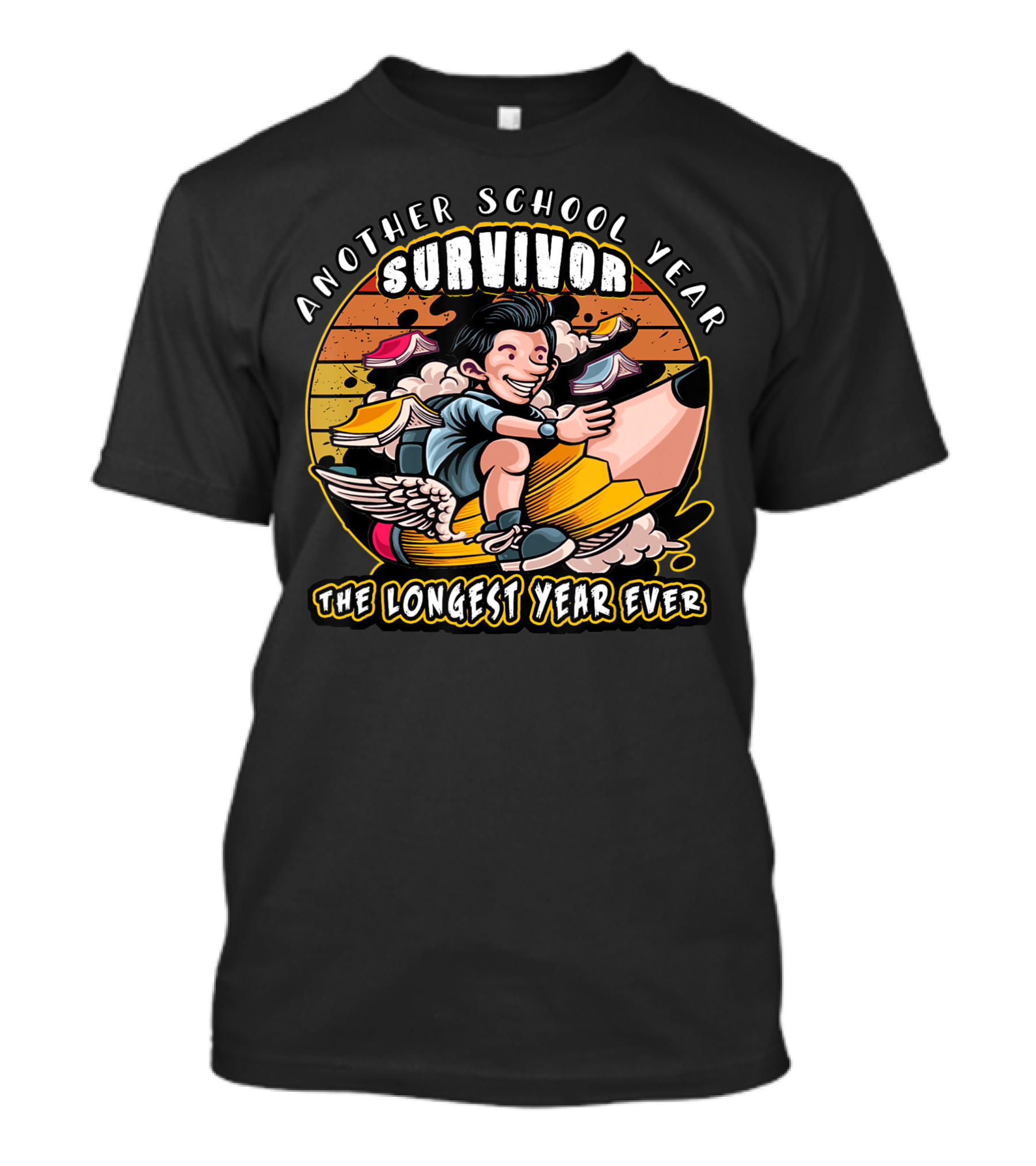 Another School Year Survivor The Longest Year Ever Retro Cartoon Pencil Ride T-Shirt