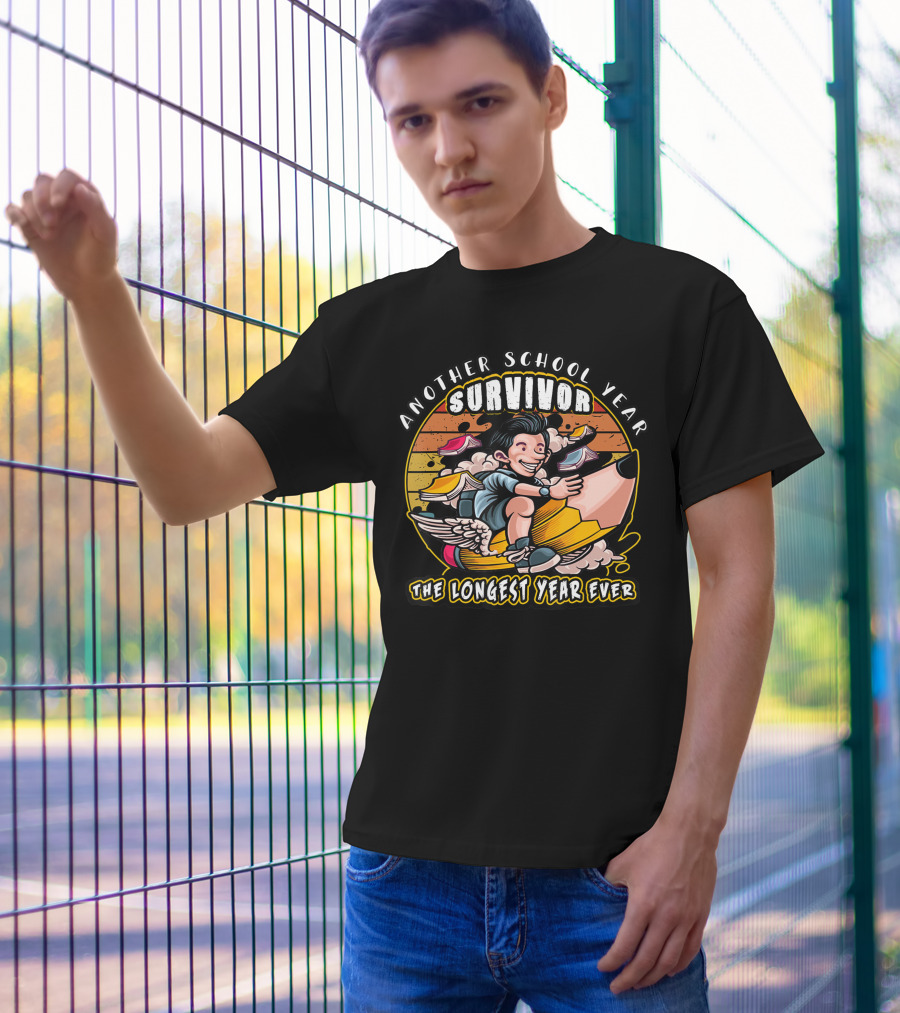 Another School Year Survivor The Longest Year Ever Retro Cartoon Pencil Ride T-Shirt