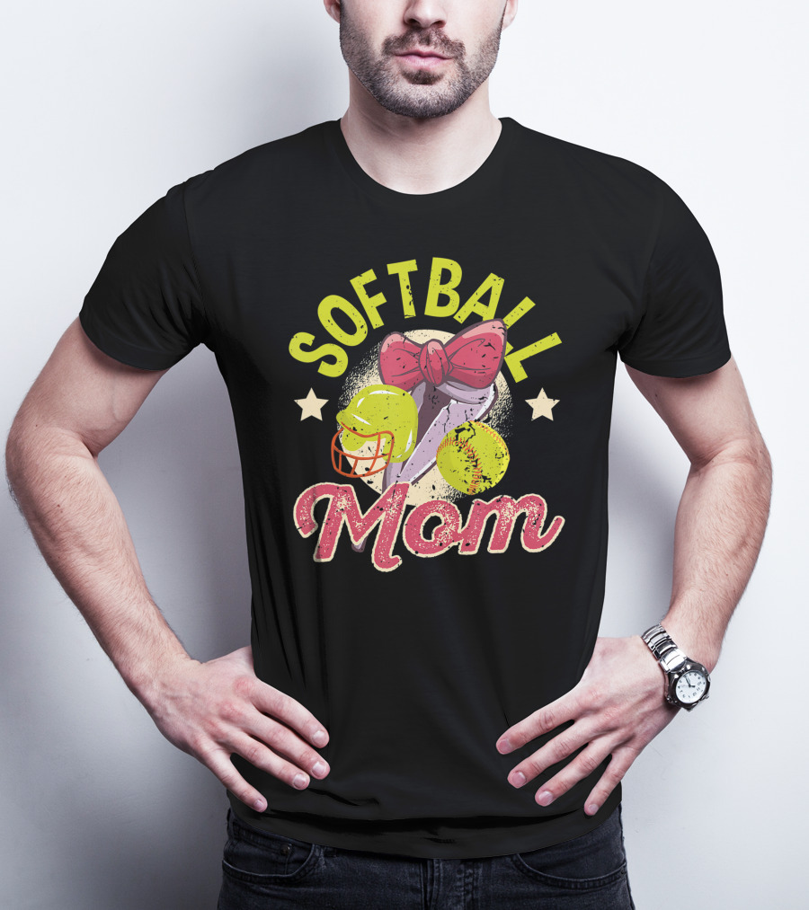 Softball Mom Mother's Day Softball Mama Bow Helmet Ball T-Shirt