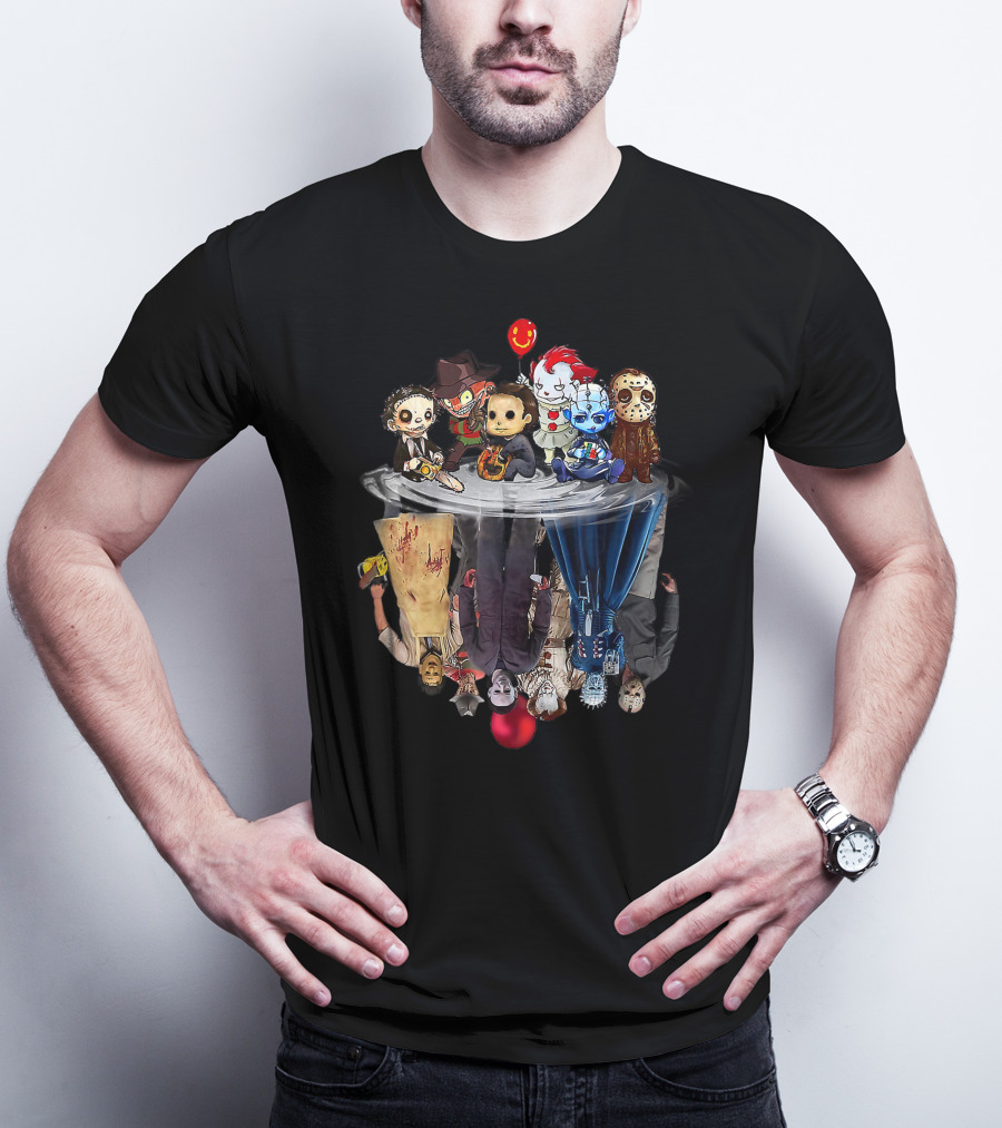 Cute Horror Movie Chibi Character Water Reflection Iconic Figures T-Shirt