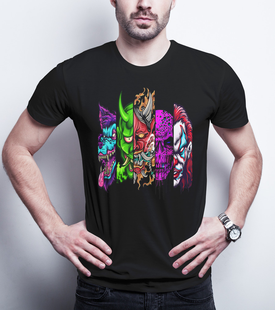 Evil Demons Horror Creatures Scary Halloween Monster Faces T-Shirt