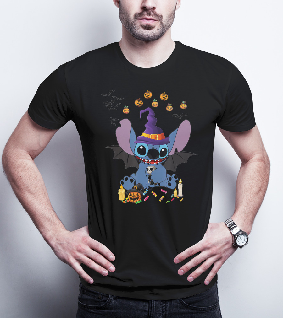 Stitch In Witch Hat Surrounded By Pumpkins And Candies T-Shirt