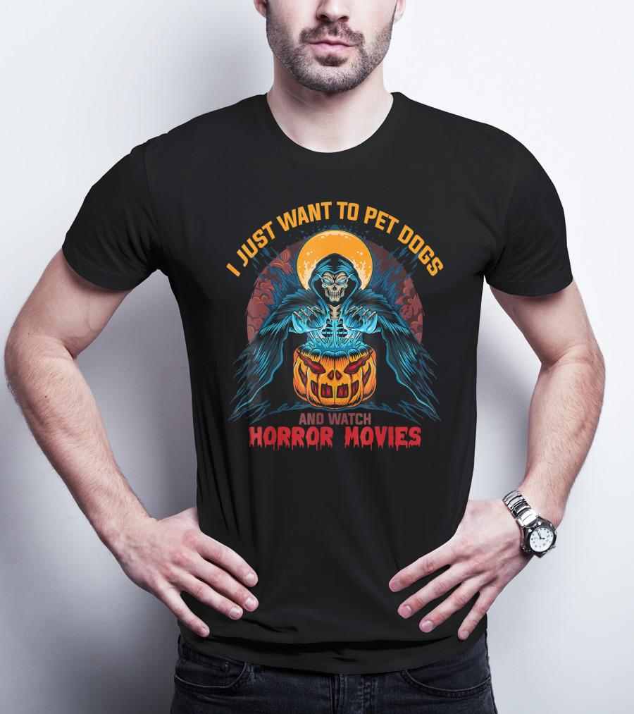 I Just Want To Pet Dogs And Watch Horror Movies Grim Reaper Pumpkin T-Shirt