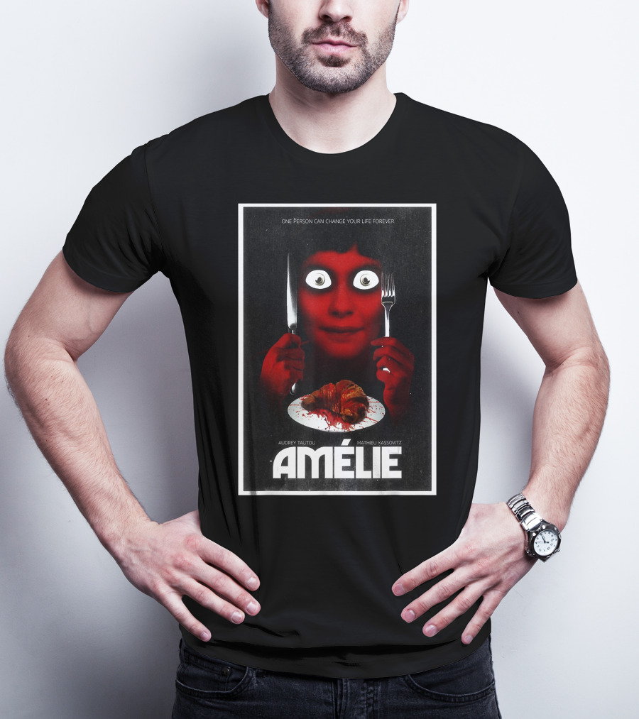 Amélie Horror Parody Audrey Tautou Matthieu Kassovitz Creepy Croissant T-Shirt