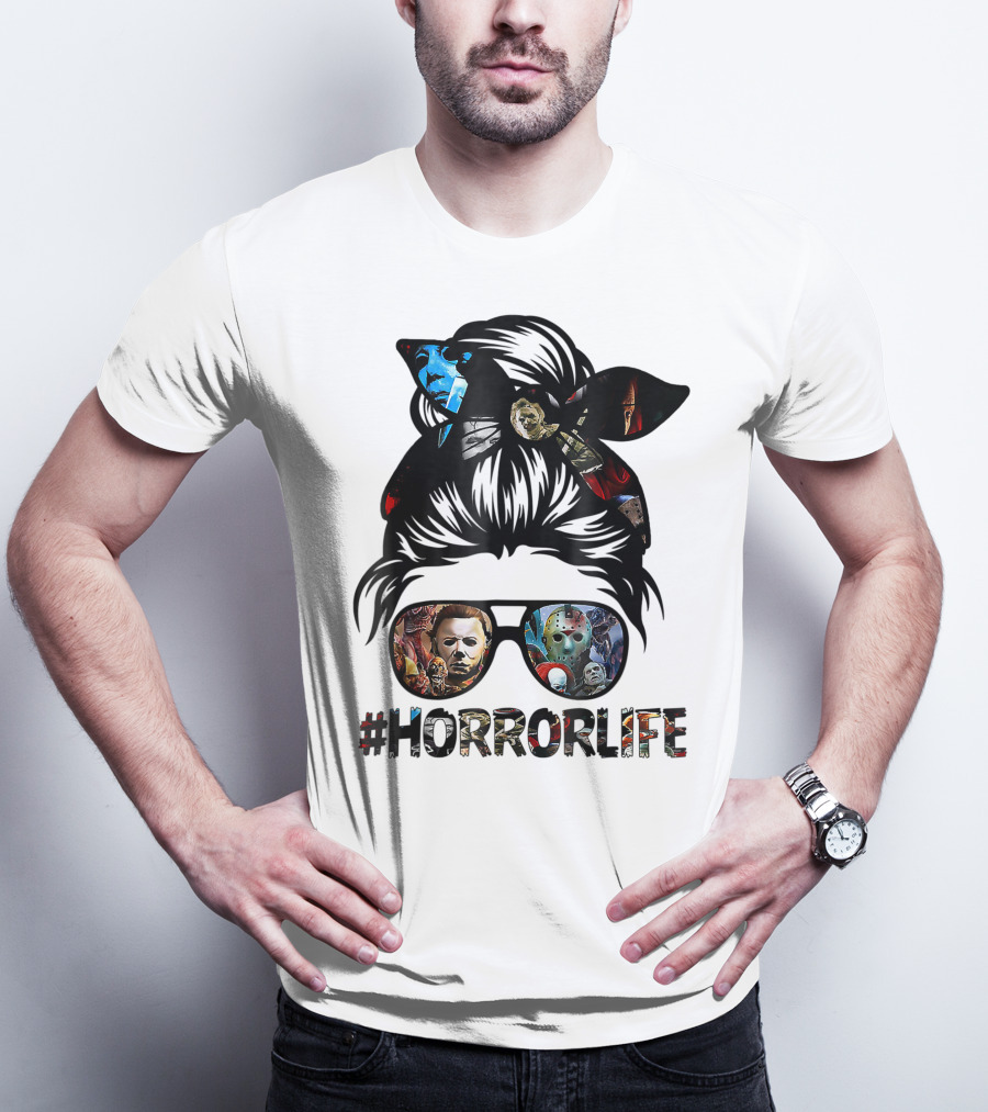 Horror Life Girl With Iconic Halloween Movie Characters T-Shirt