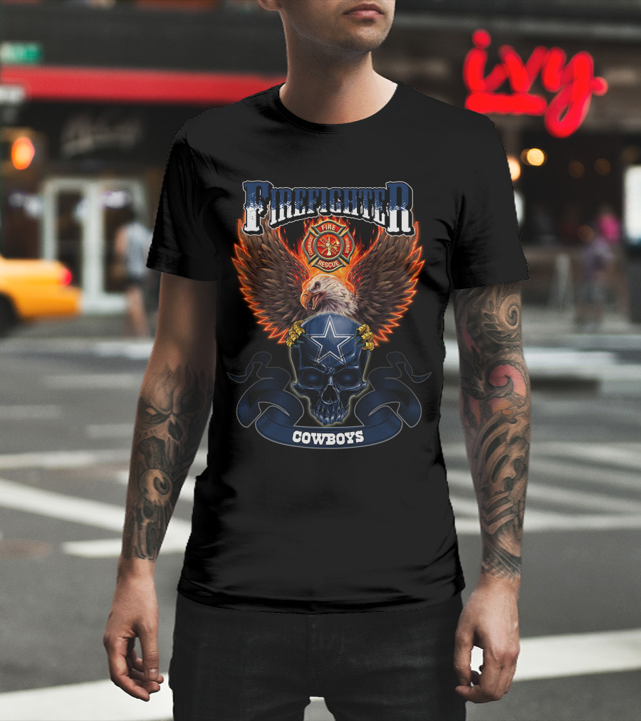 Firefighter Rescue Eagle Skull Cowboys T-Shirt