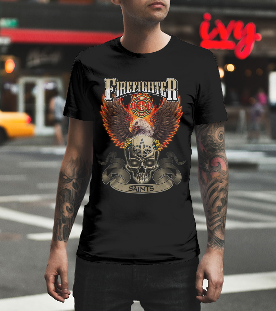 Firefighter Fire Rescue Eagle Skull Saints T-Shirt