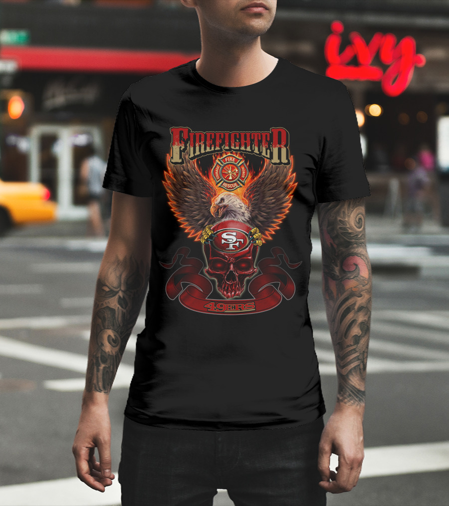 Firefighter Fire Rescue Eagle 49ers SF Skull T-Shirt