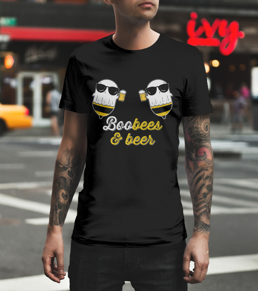 Boo Bees And Beer Halloween Costume Cute Ghost Drinking Bee T-Shirt
