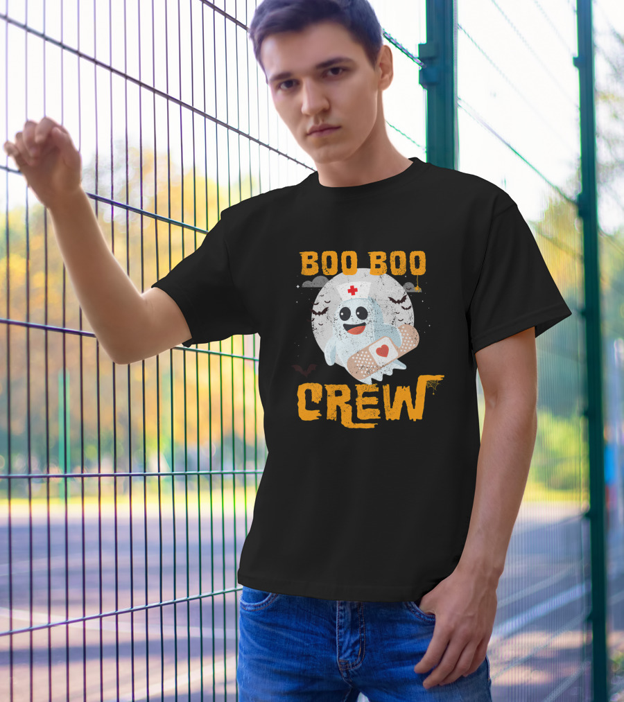 Boo Boo Crew Nurse Ghost With Bandage And Bats Moon Halloween T-Shirt