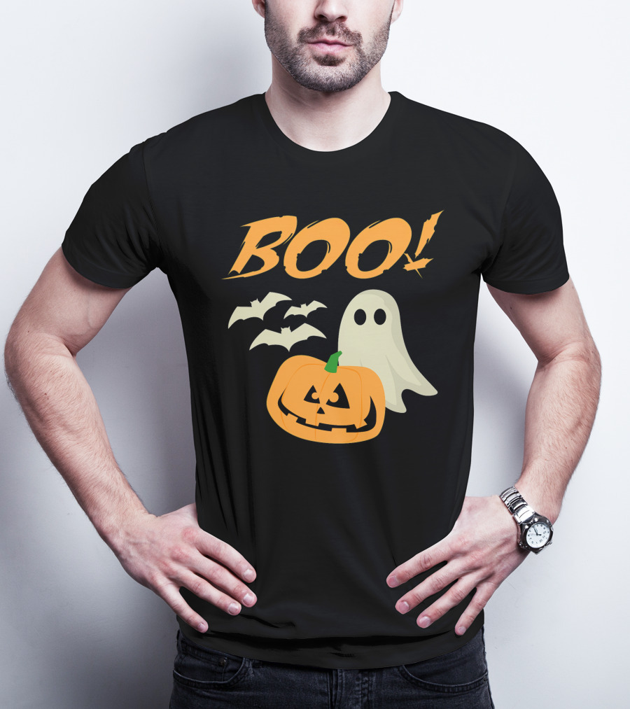 Boo Halloween Ghost Bats Jack O Lantern Spooky Scene T-Shirt