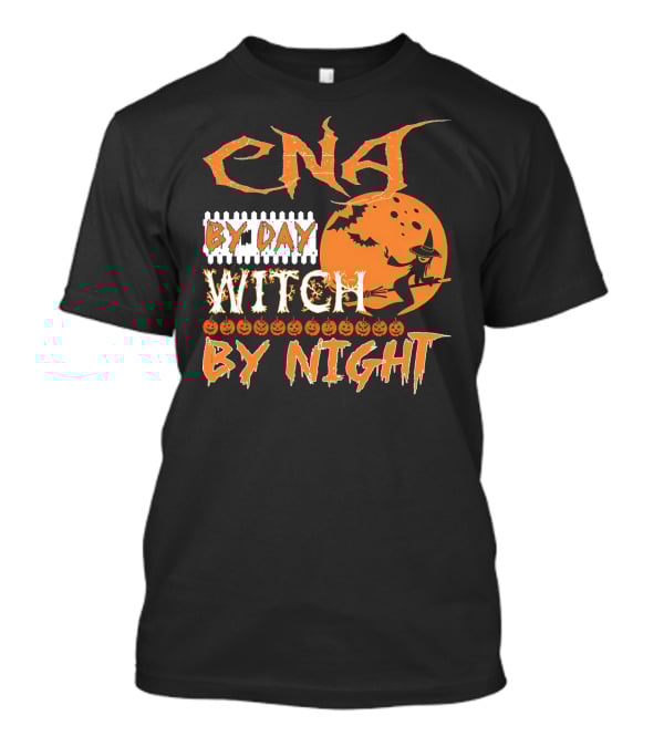 CNA By Day Witch By Night Flying Witch On Broom With Pumpkins And Bats T-Shirt
