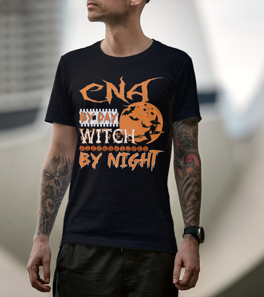 CNA By Day Witch By Night Flying Witch On Broom With Pumpkins And Bats T-Shirt