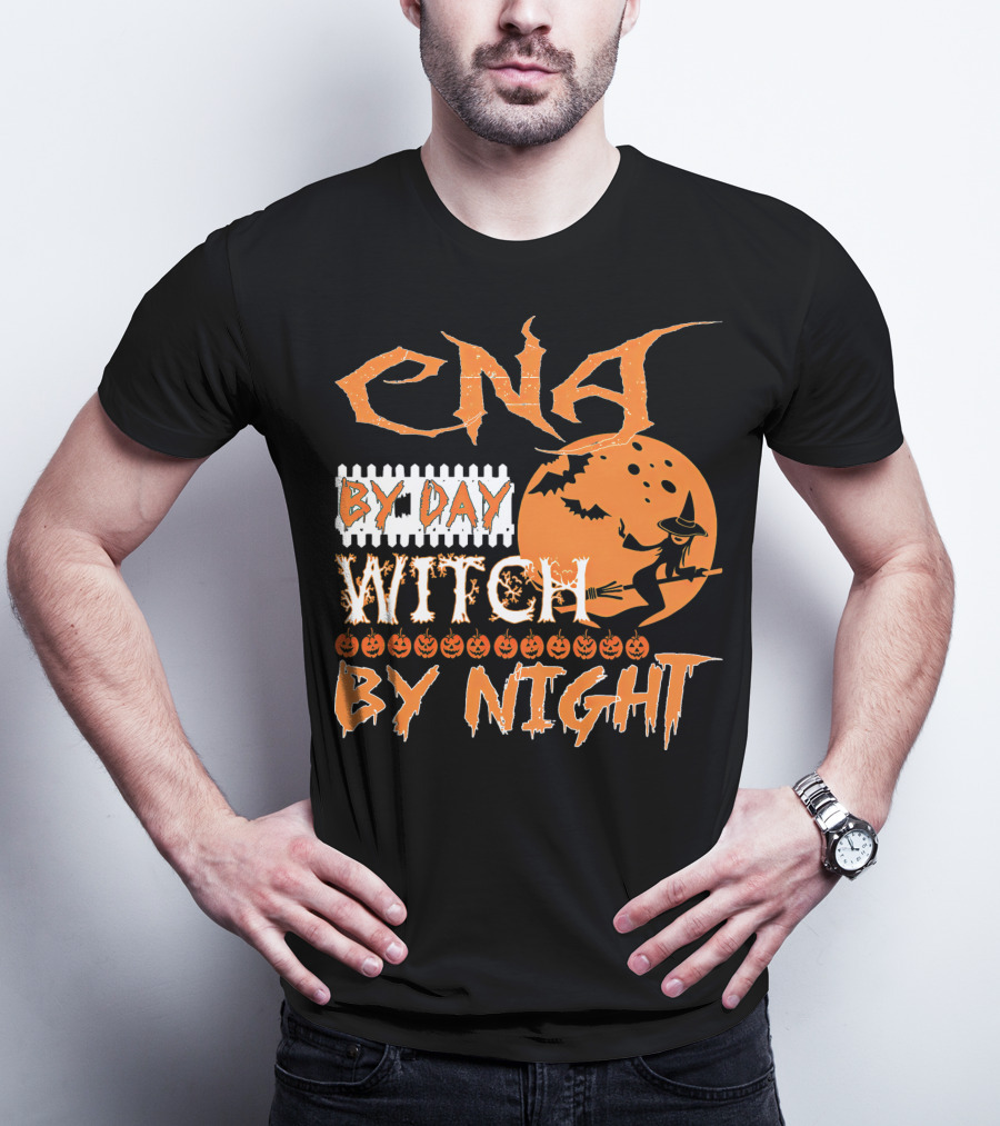 CNA By Day Witch By Night Flying Witch On Broom With Pumpkins And Bats T-Shirt