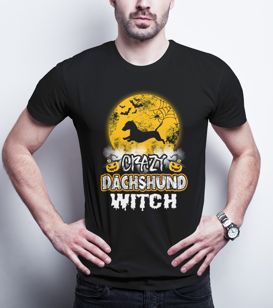 Crazy Dachshund Witch Moon Bats Pumpkin T-Shirt