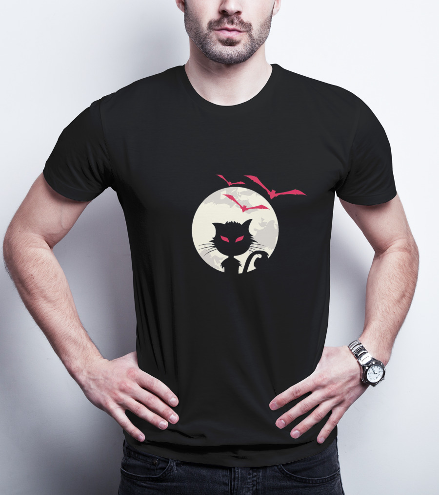 Cute Cat Silhouette With Red-Eyed Bats And Full Moon T-Shirt