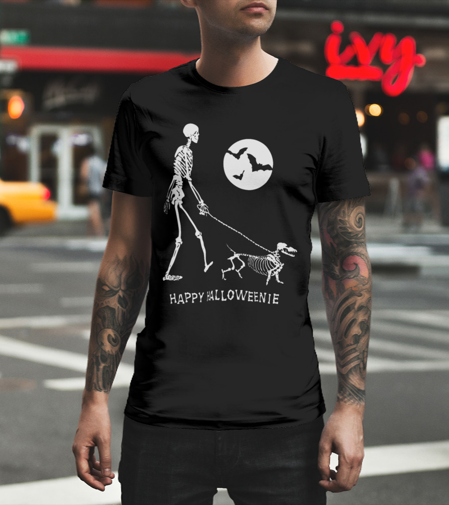 Happy Halloweenie Dachshund Skeleton Moon Bats T-Shirt