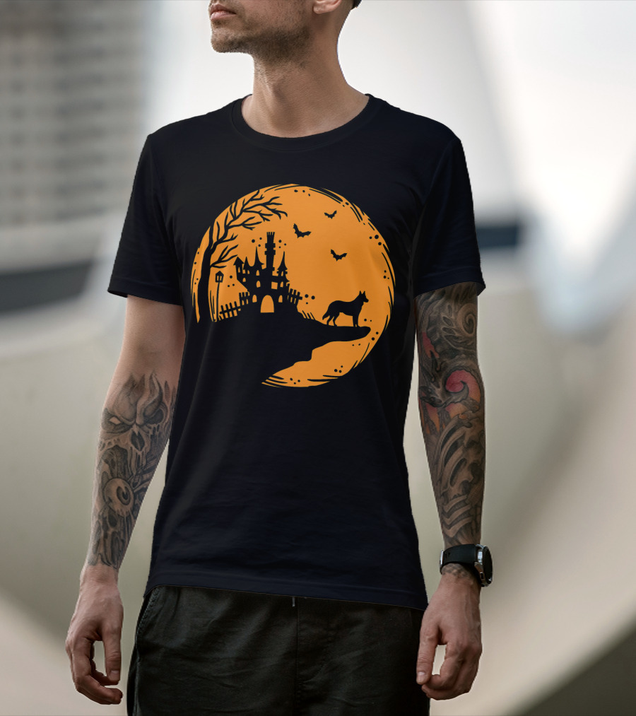 Halloween Dog Silhouette With Haunted Castle And Bats T-Shirt