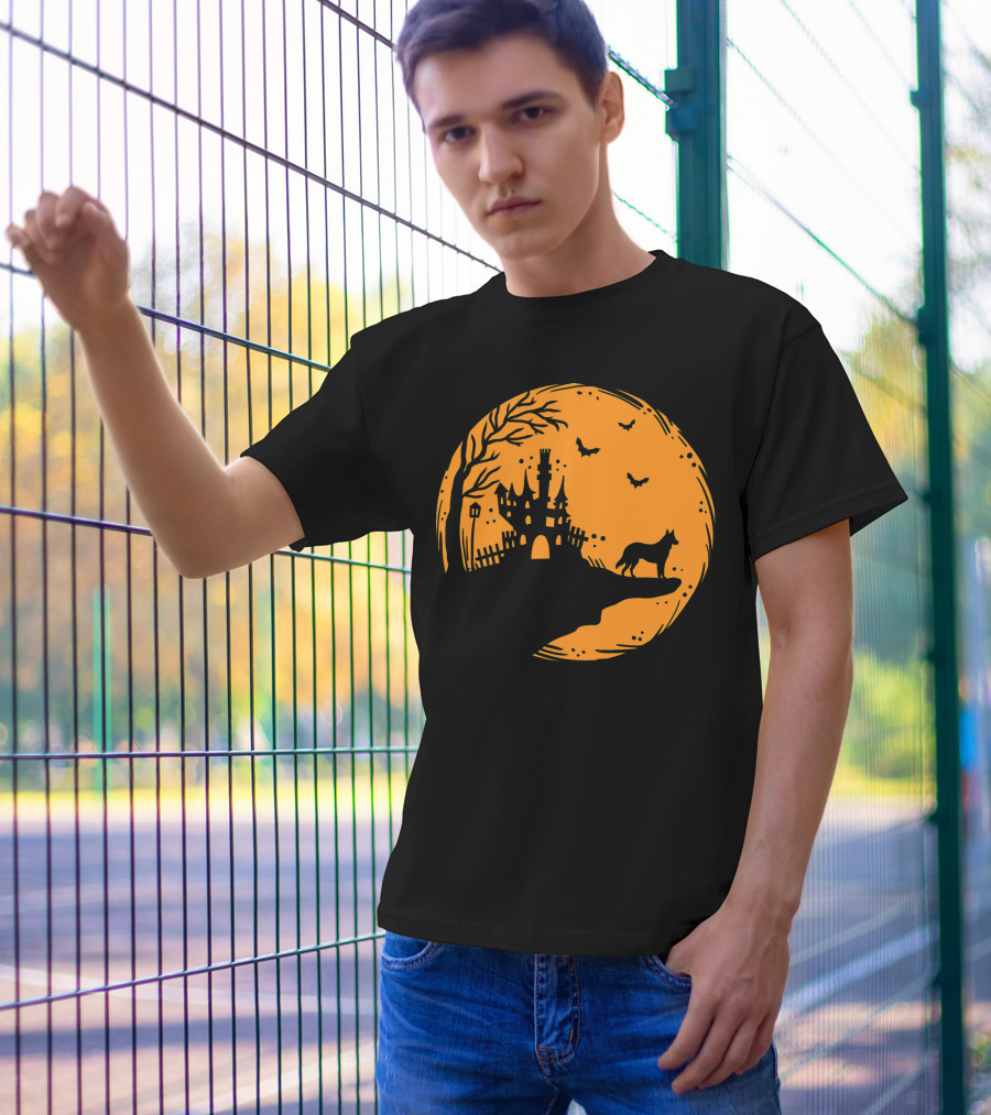 Halloween Dog Silhouette With Haunted Castle And Bats T-Shirt