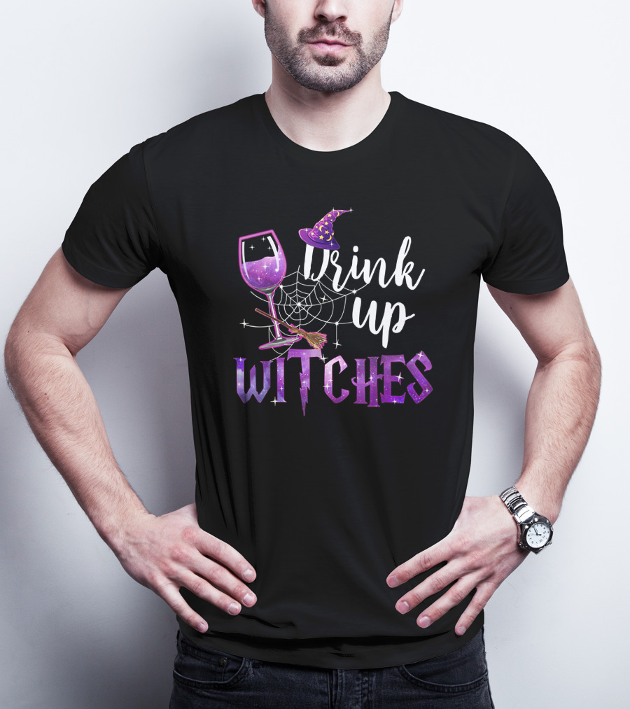 Drink Up Witches Halloween Wine Glass Witch Hat Broom Spiderweb T-Shirt