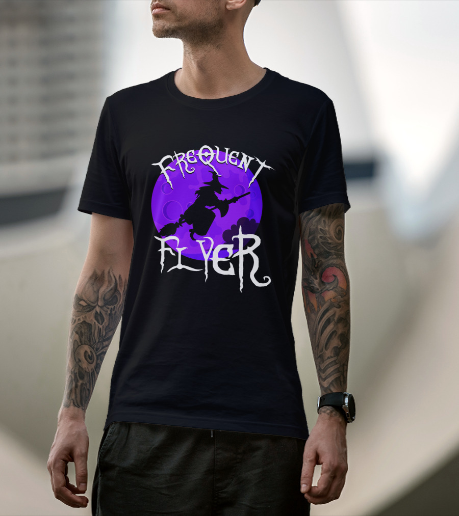 Frequent Flyer Witch Broom Silhouette Against Purple Moon T-Shirt