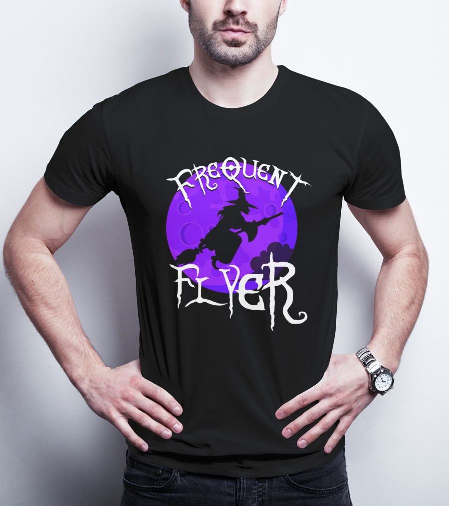 Frequent Flyer Witch Broom Silhouette Against Purple Moon T-Shirt