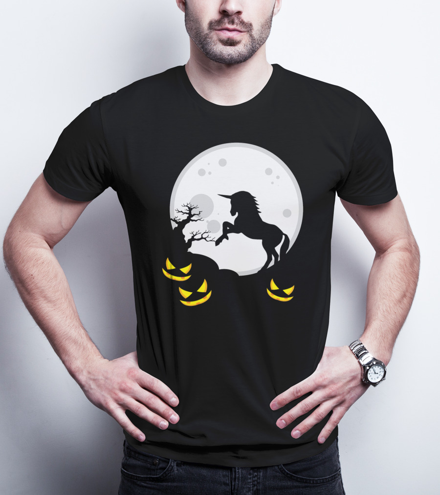 Halloween Unicorn And Jack-O'-Lanterns Full Moon Scene T-Shirt