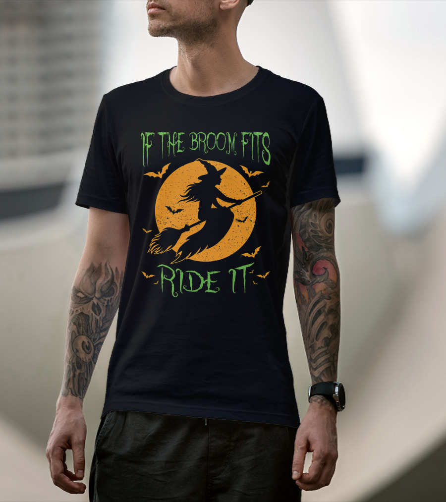 If The Broom Fits Ride It Halloween Witch Silhouette Bat Moon T-Shirt