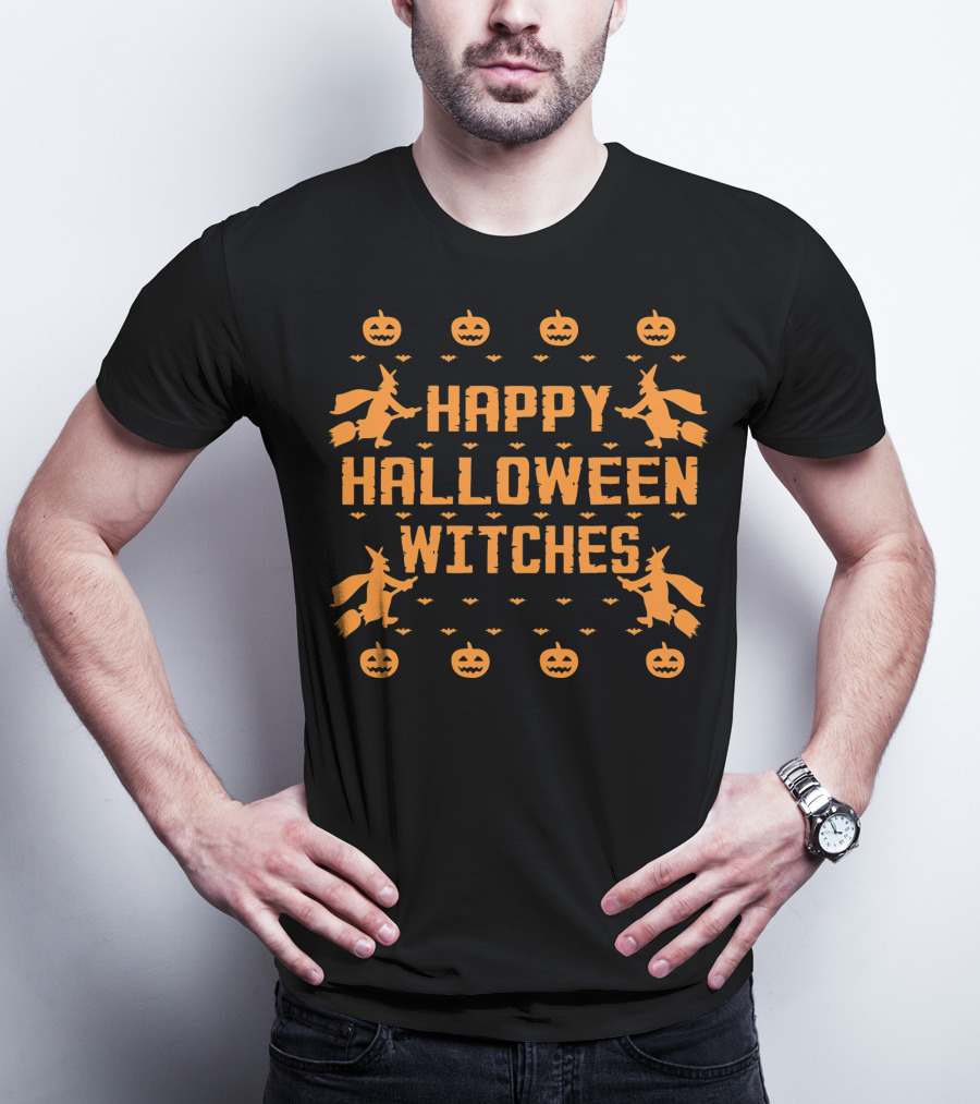 Happy Halloween Witches Flying Broomsticks Pumpkins Bats T-Shirt