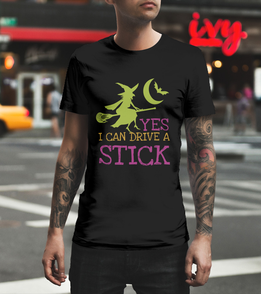 Yes I Can Drive A Lacrosse Stick Witch Halloween Moon Bat T-Shirt