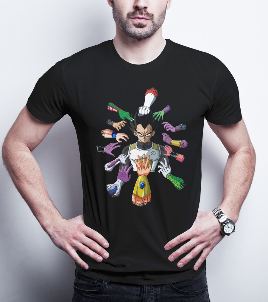 Vegeta Surrounded By Colorful Hands In John Wick T-Shirt