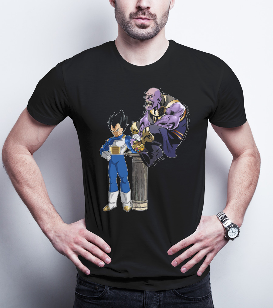Vegeta And Thanos Arm Wrestling On Stone Pedestal T-Shirt
