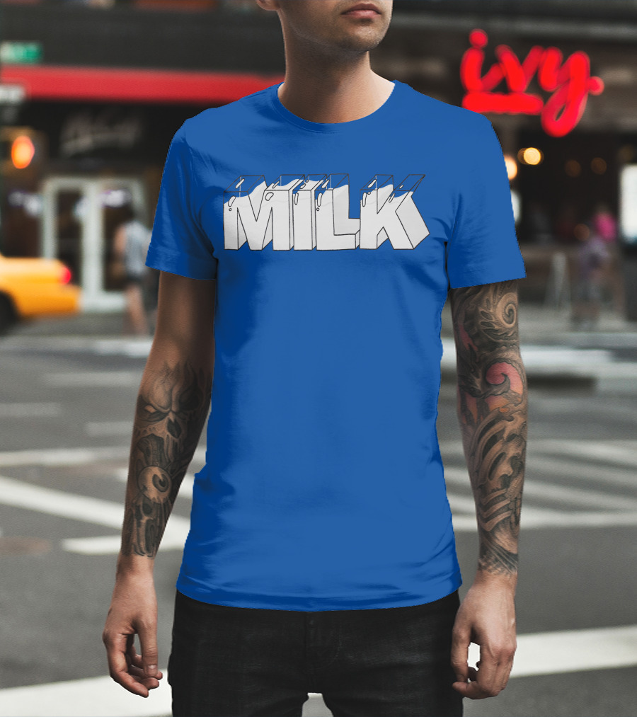 Ted Nivison Milk Merch Bold Blue Text T-Shirt