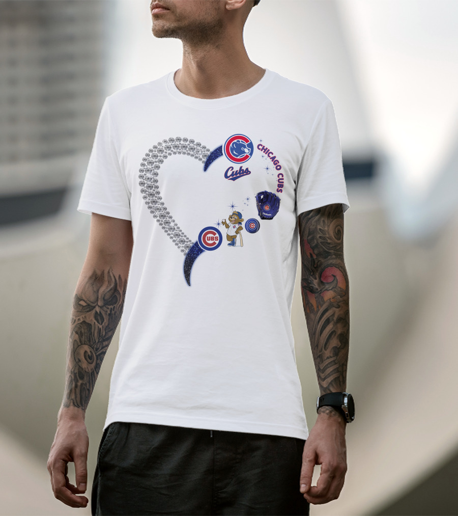 Chicago Cubs Heart Design With Logos And Bear Mascot T-Shirt