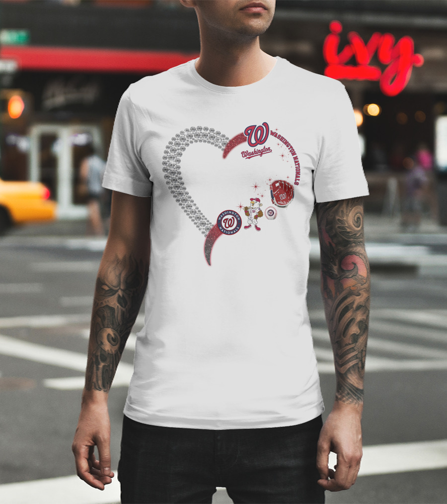 Washington Nationals W Heart Logo With Baseball Glove And Mascot T-Shirt