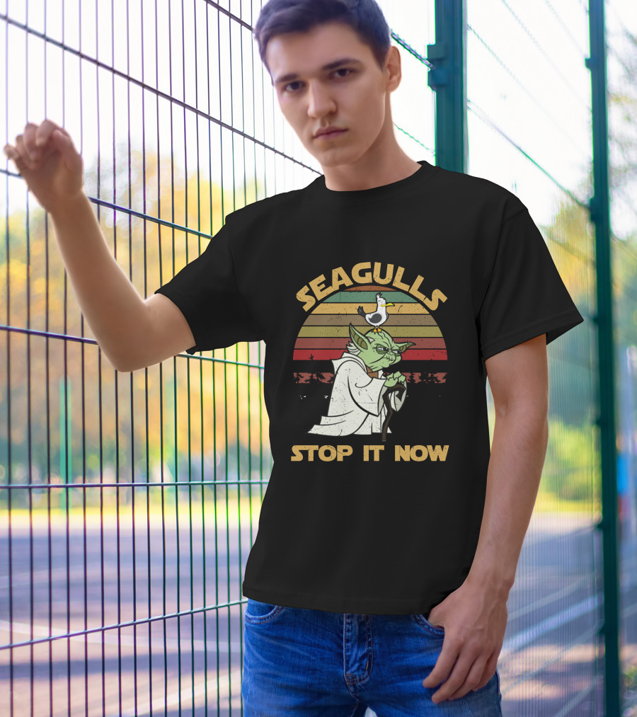 Seagulls STOP IT NOW Retro Yoda Parody With Seagull On Head T-Shirt