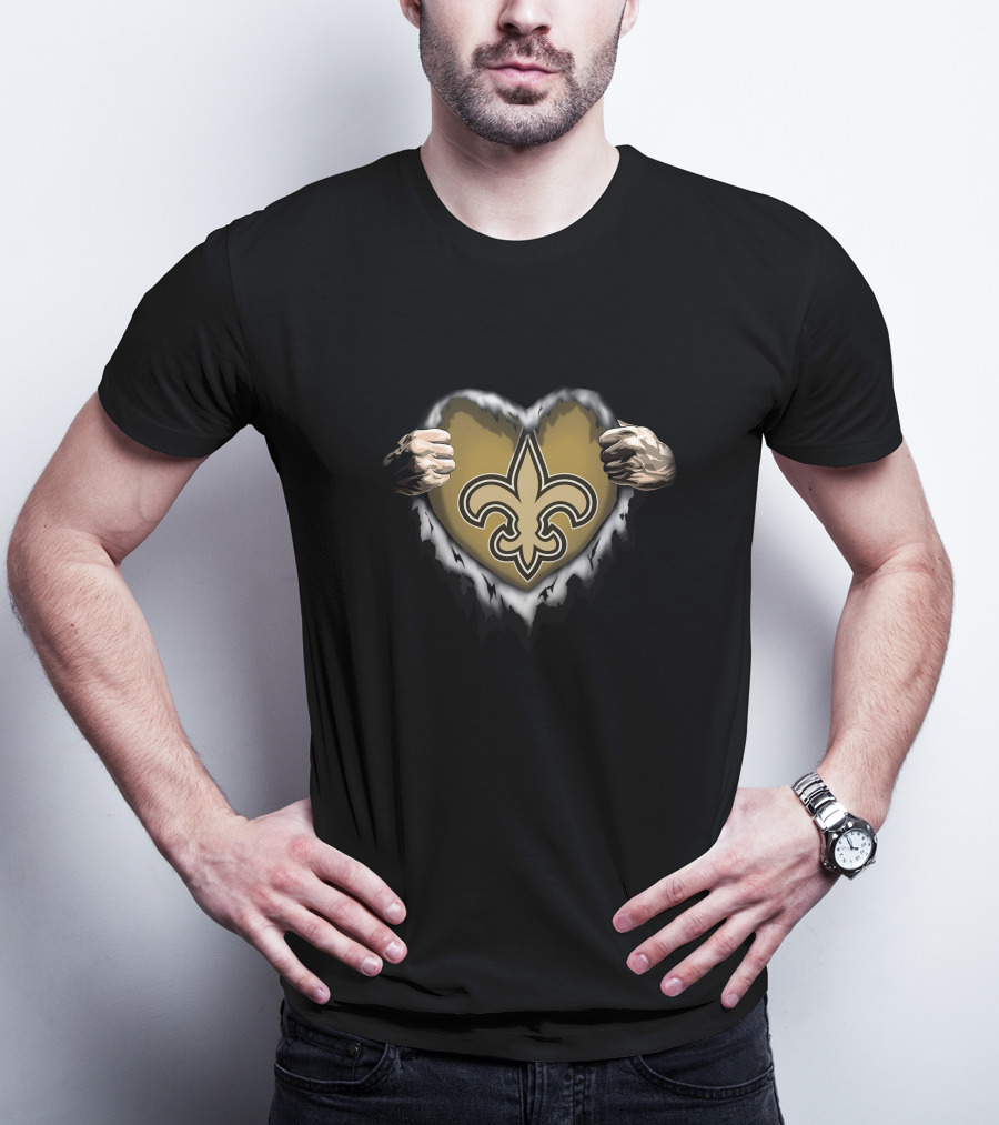 New Orleans Saints Fleur-de-Lis Heart Ripped Hands T-Shirt