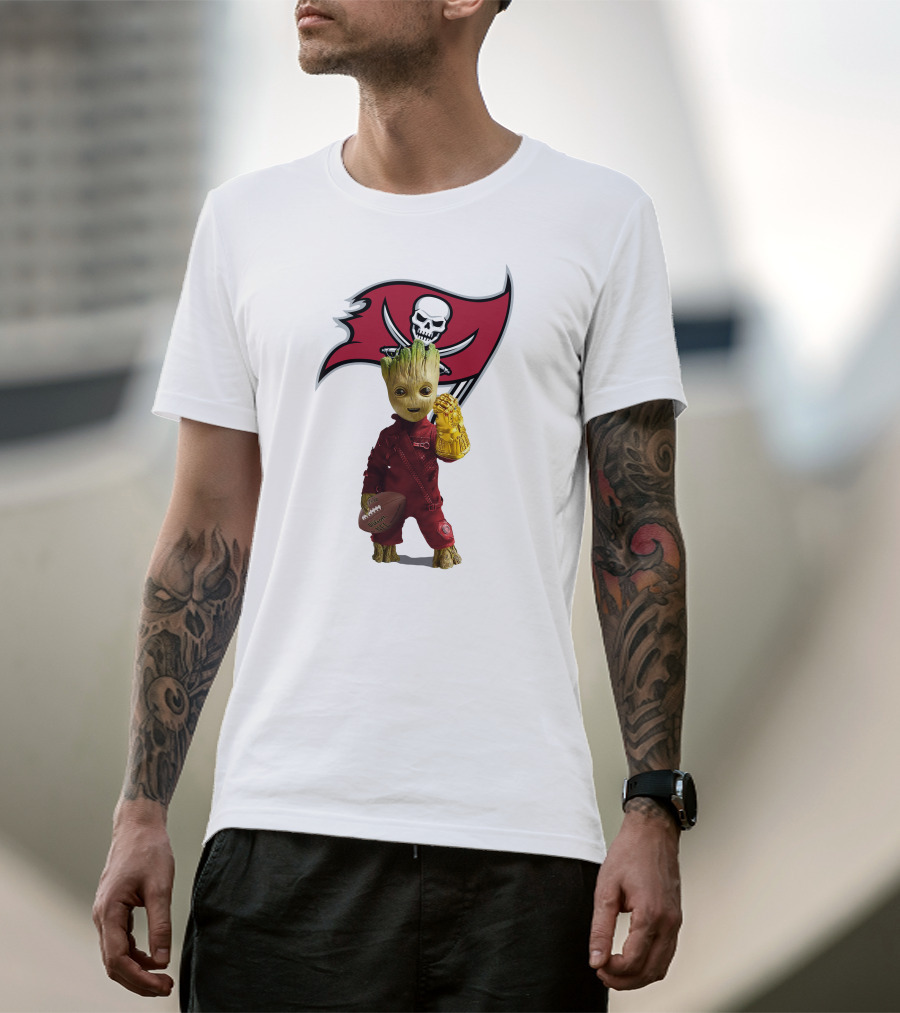 Groot Holding Football With Tampa Bay Buccaneers T-Shirt