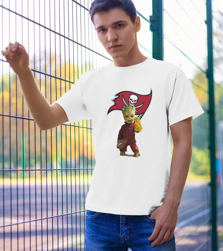 Groot Holding Football With Tampa Bay Buccaneers T-Shirt