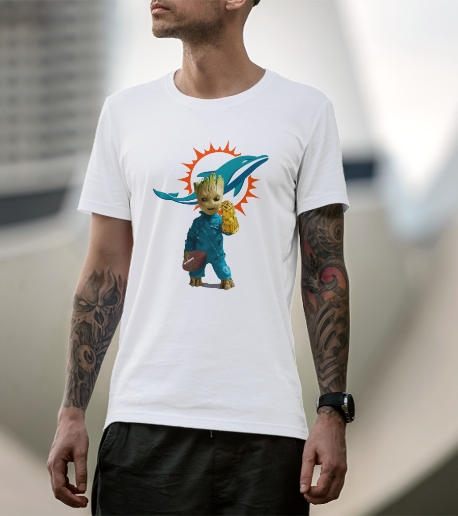 Miami Dolphins Groot Holding Football And Infinity Gauntlet T-Shirt