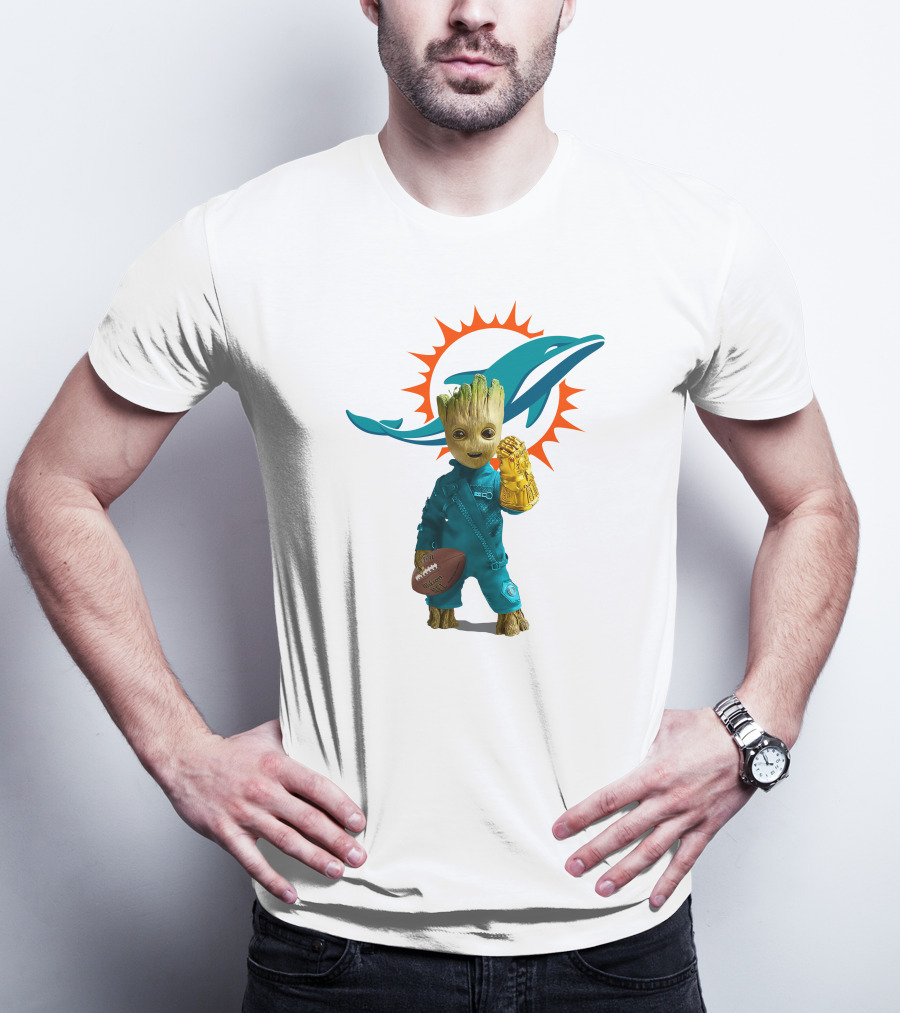 Miami Dolphins Groot Holding Football And Infinity Gauntlet T-Shirt