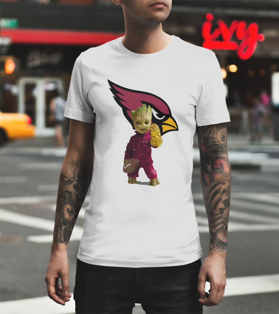 Arizona Cardinals Groot Holding Football And Infinity Gauntlet T-Shirt