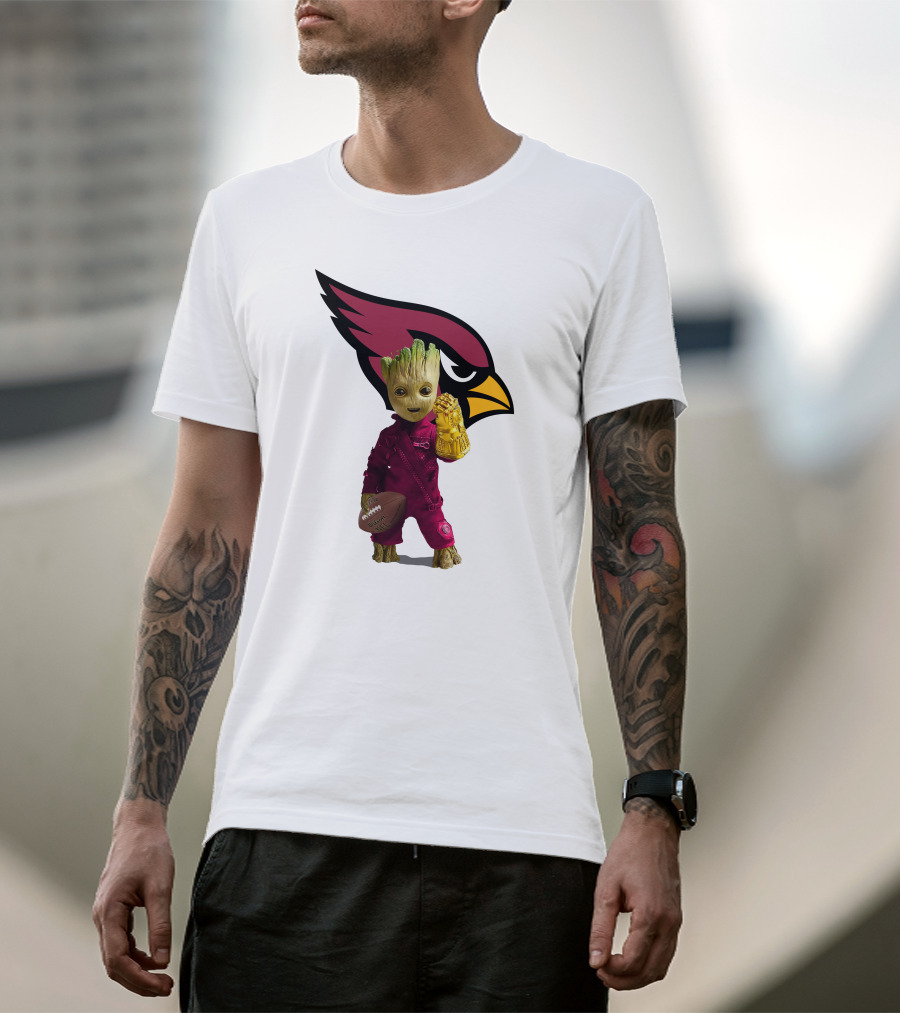 Arizona Cardinals Groot Holding Football And Infinity Gauntlet T-Shirt